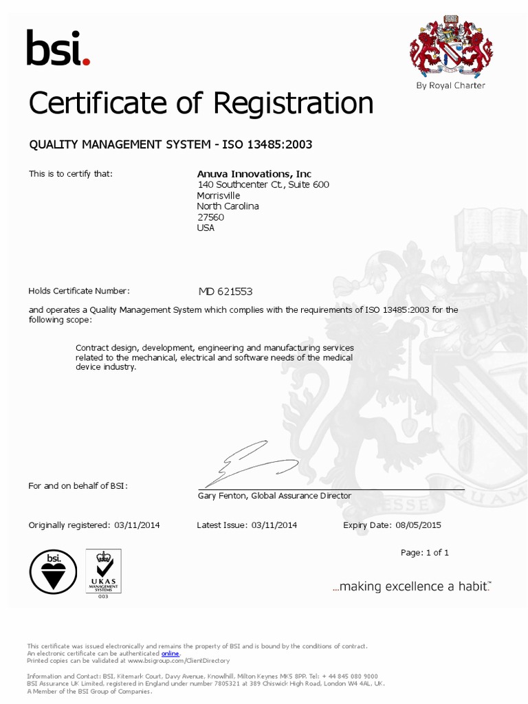 Anuva Innovations ISO13485 Certificate | PDF
