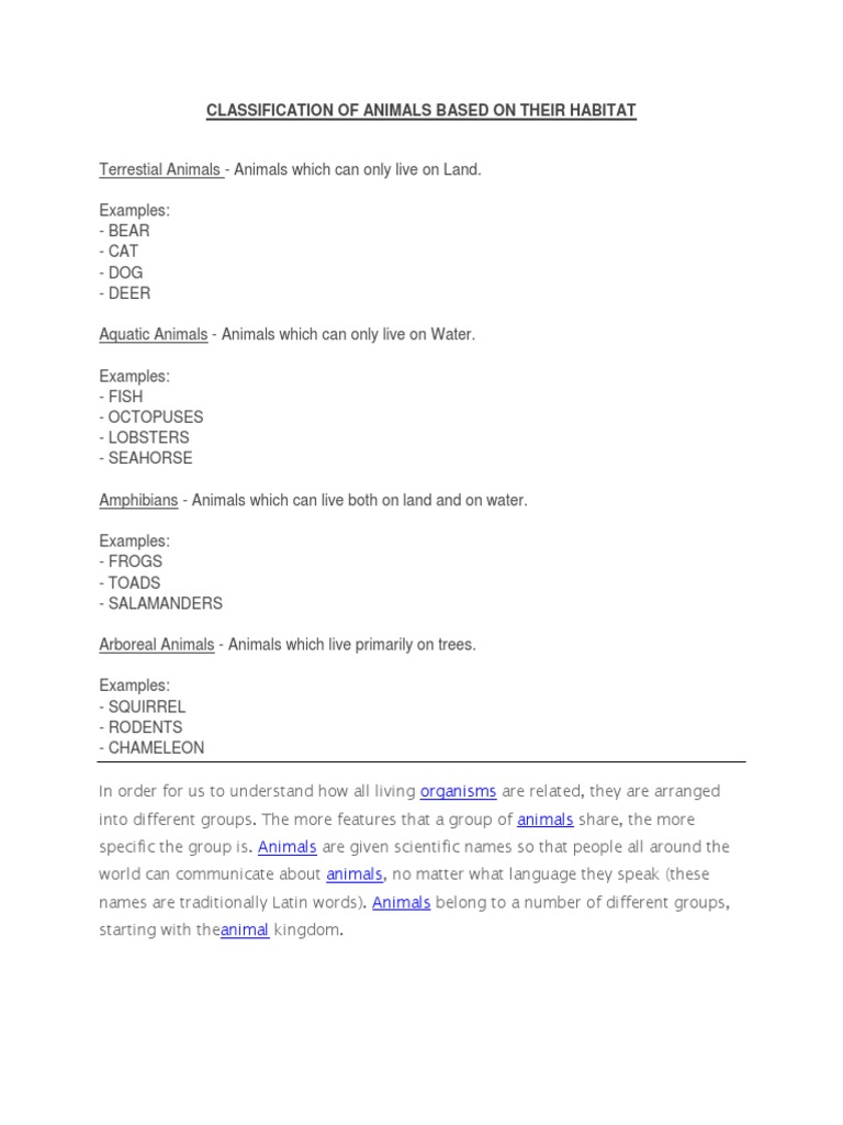 Classification of Animals Based On Their Habitat | PDF | Human Body | Gill