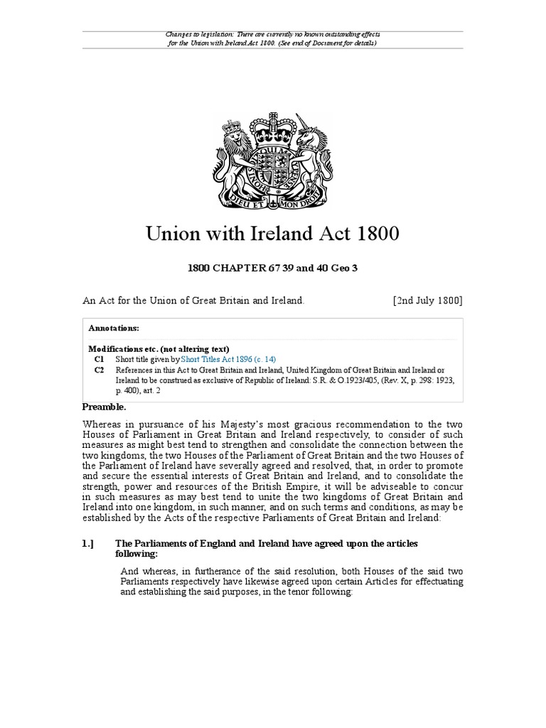 Union With Ireland Act 1800 PDF | PDF | Repeal | Parliament Of The ...