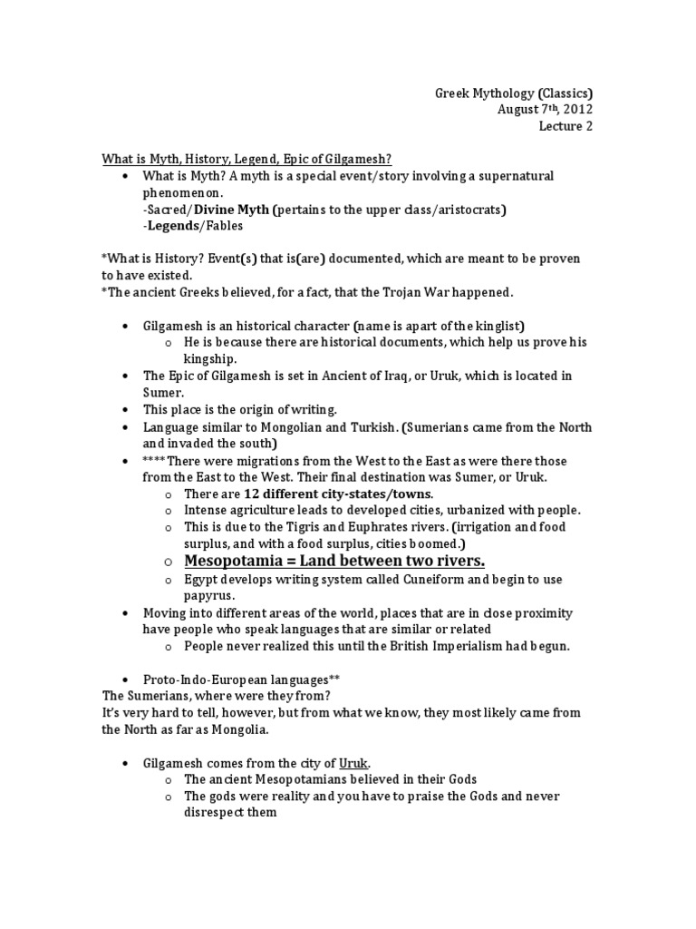 Greek Mythology Lecture Notes | Download Free PDF | Epic Of Gilgamesh ...