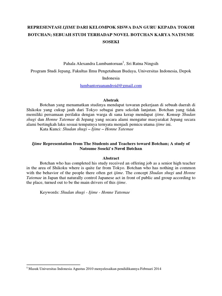 Representasi Ijime Dalam Novel Botchan Oleh Natsume Soseki, Sebuah Jurnal | PDF