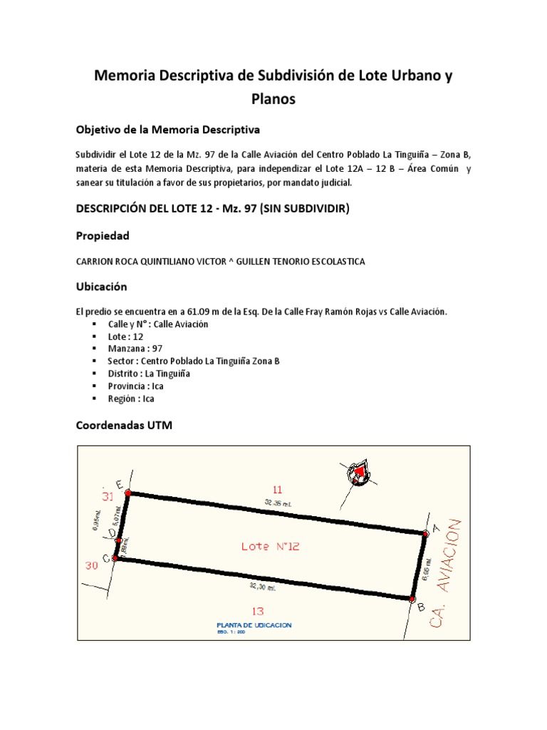 Memoria Descriptiva de Subdivisión de Lote Urbano y Planos | PDF