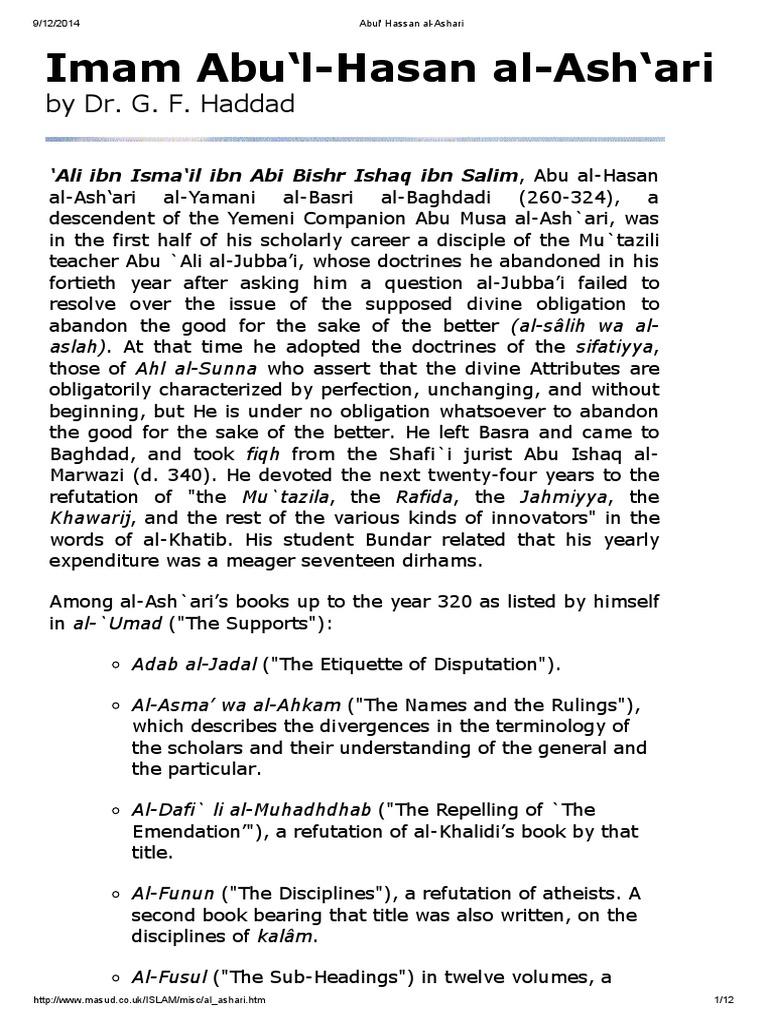 Imam Abu Hasan Al-Ashari - G.F. Haddad | Download Free PDF | Sunni ...