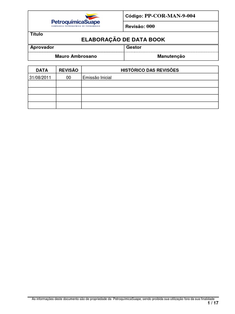 Procedimento de Data Book | PDF | Dados | Pressão