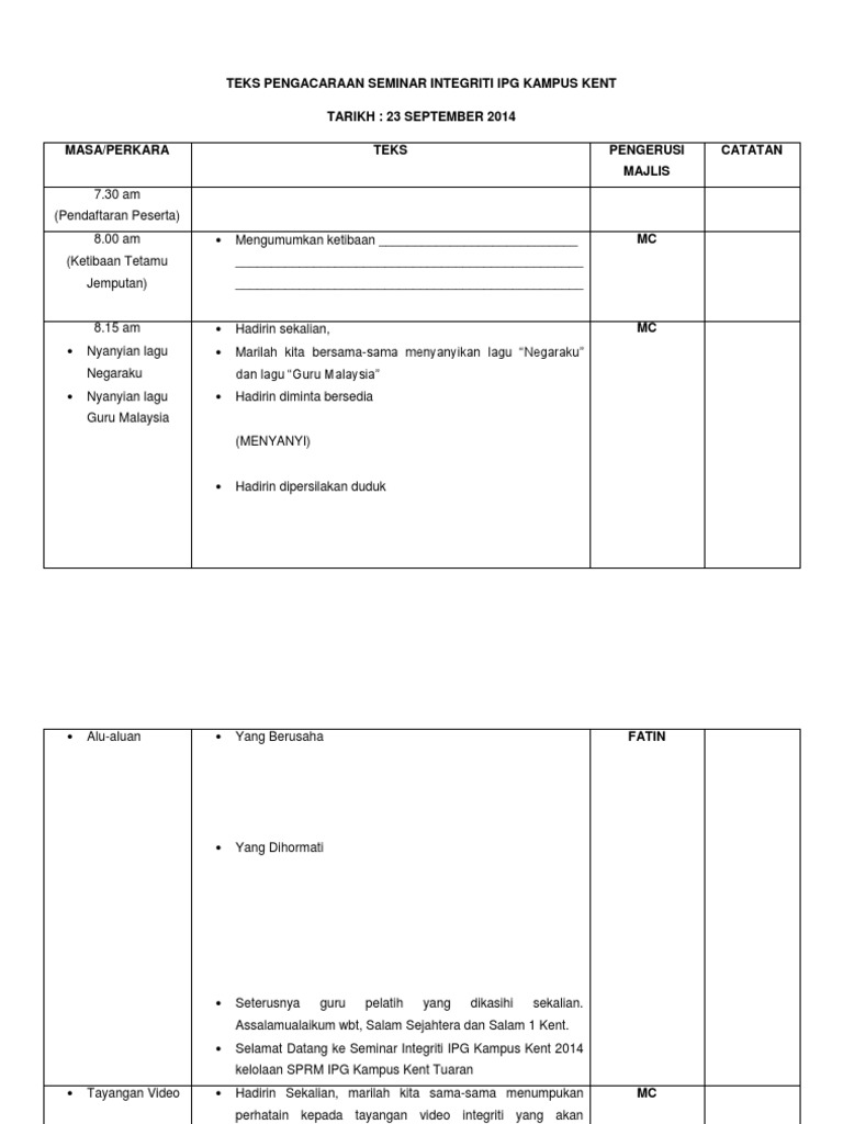 Teks Pengacaraan Seminar Integriti Ipg Kampus Kent | PDF | Karier & Perkembangan | Kajian Bahasa ...