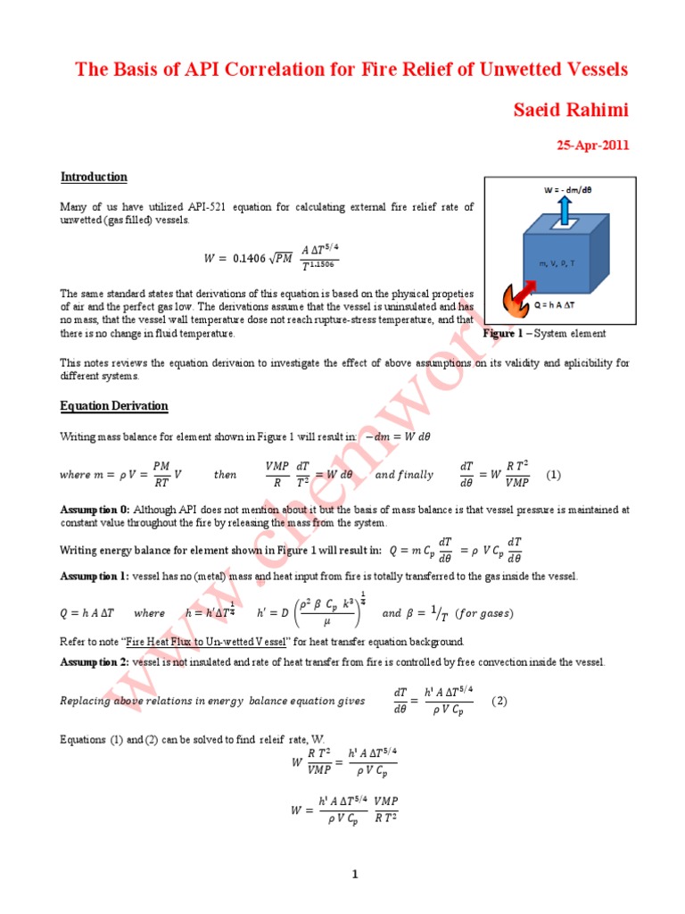 API 521: Fire Relief for Unwetted Vessels | PDF | Gases | Heat Transfer