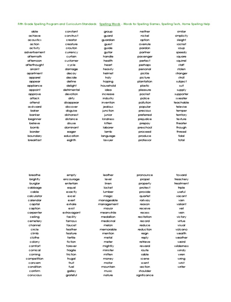 Fifth Grade Spelling Program and Curriculum Standards: Spelling Words ...
