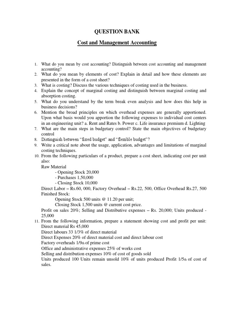 Cost Accounting Question Bank Final | PDF | Cost Accounting | Business ...