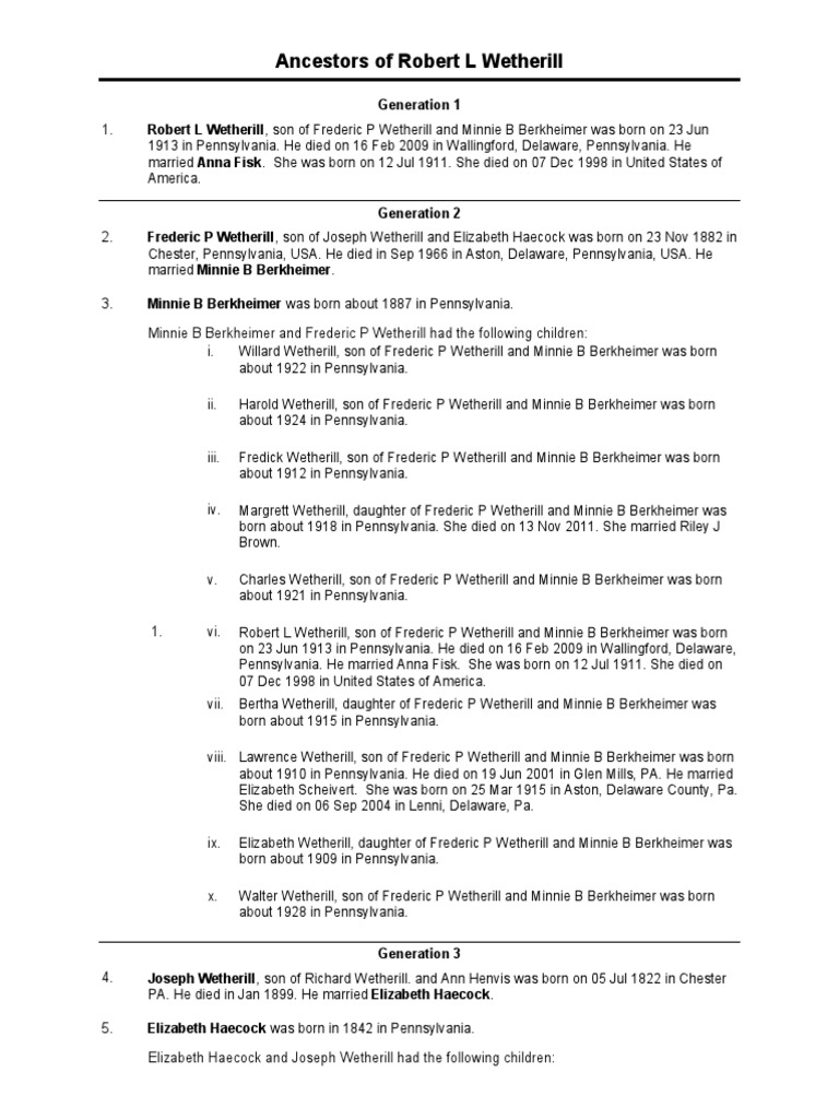 Robert L Wetherill Ancestor Report | PDF