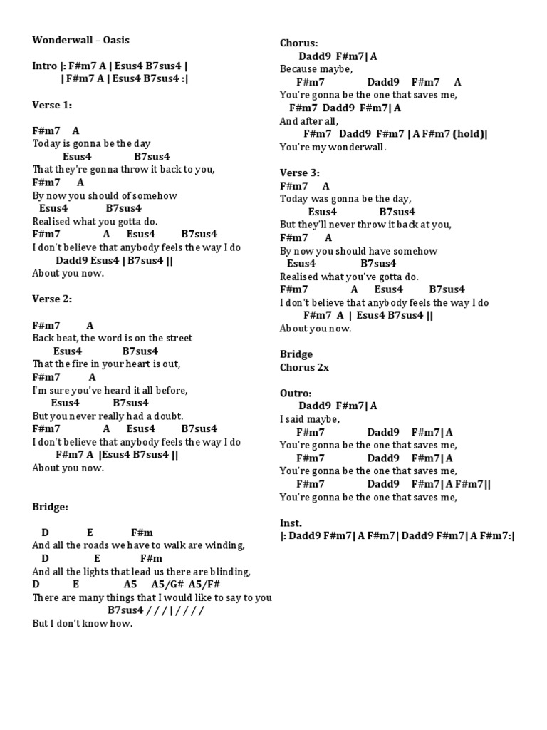 Wonderwall by Oasis Chord Chart | PDF | Recorded Music | Songs