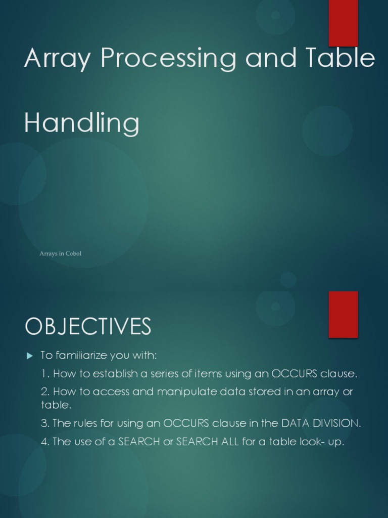 Cobol Array Processing and Tables | PDF | Array Data Structure | Database Index
