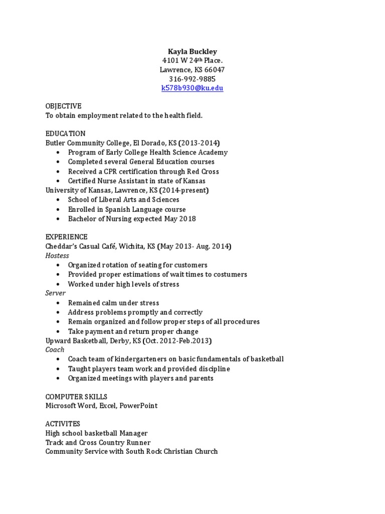 Kayla Buckley: Health Field Resume | PDF