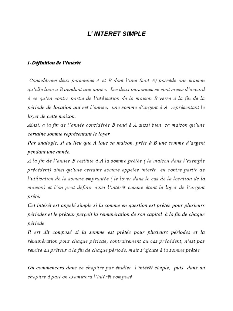 Cours Sur l'Interet Simple