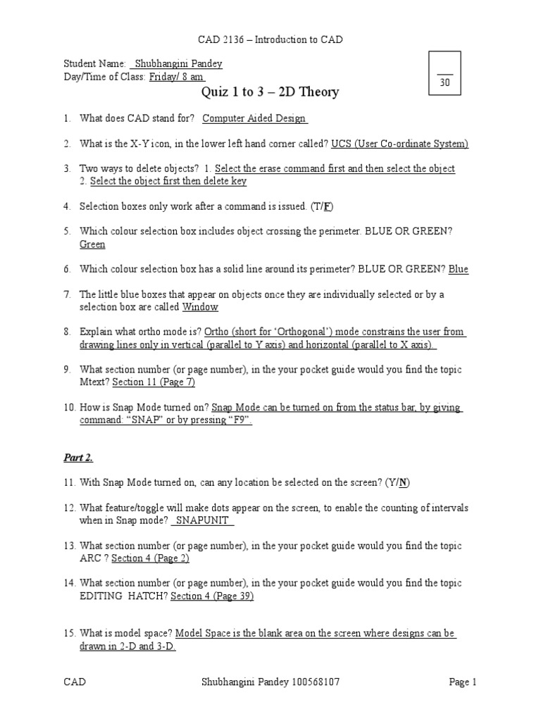Quiz Results on Core 2D CAD Concepts and Commands from Introduction to ...