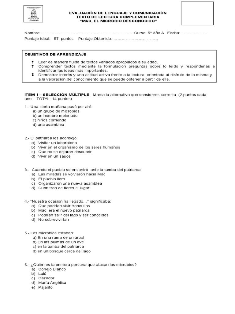 Prueba sobre "Mac, el microbio desconocido" | PDF | Lectura (proceso ...