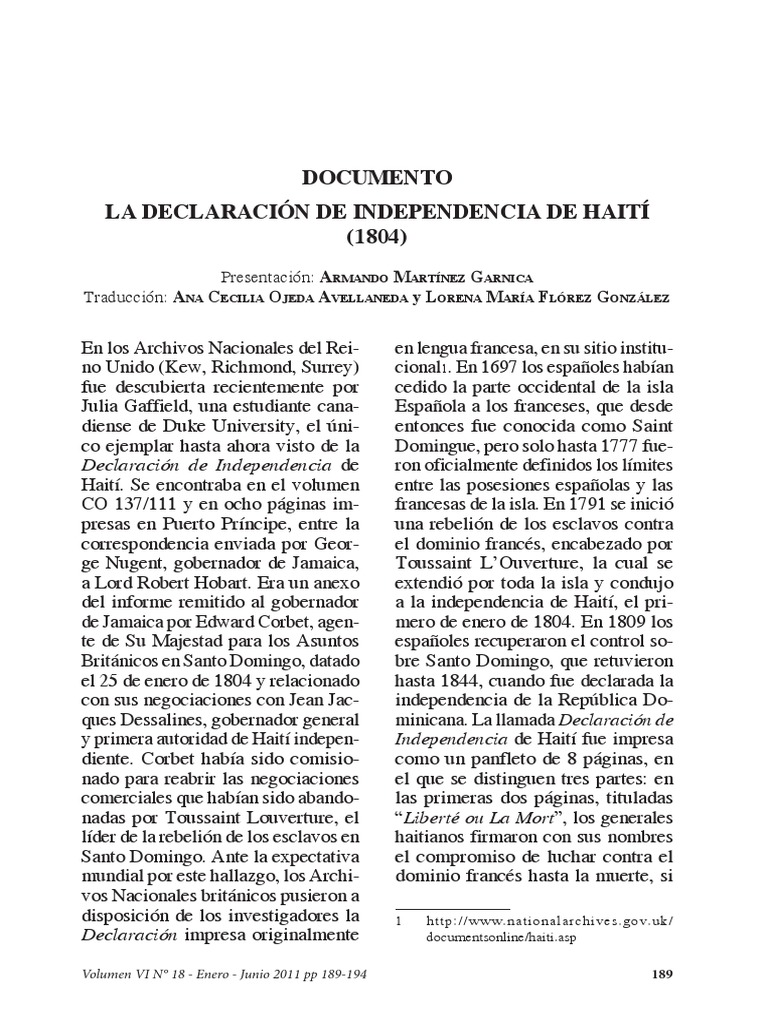 1804 - Declaración de Independencia de Haiti | Haití | República Dominicana