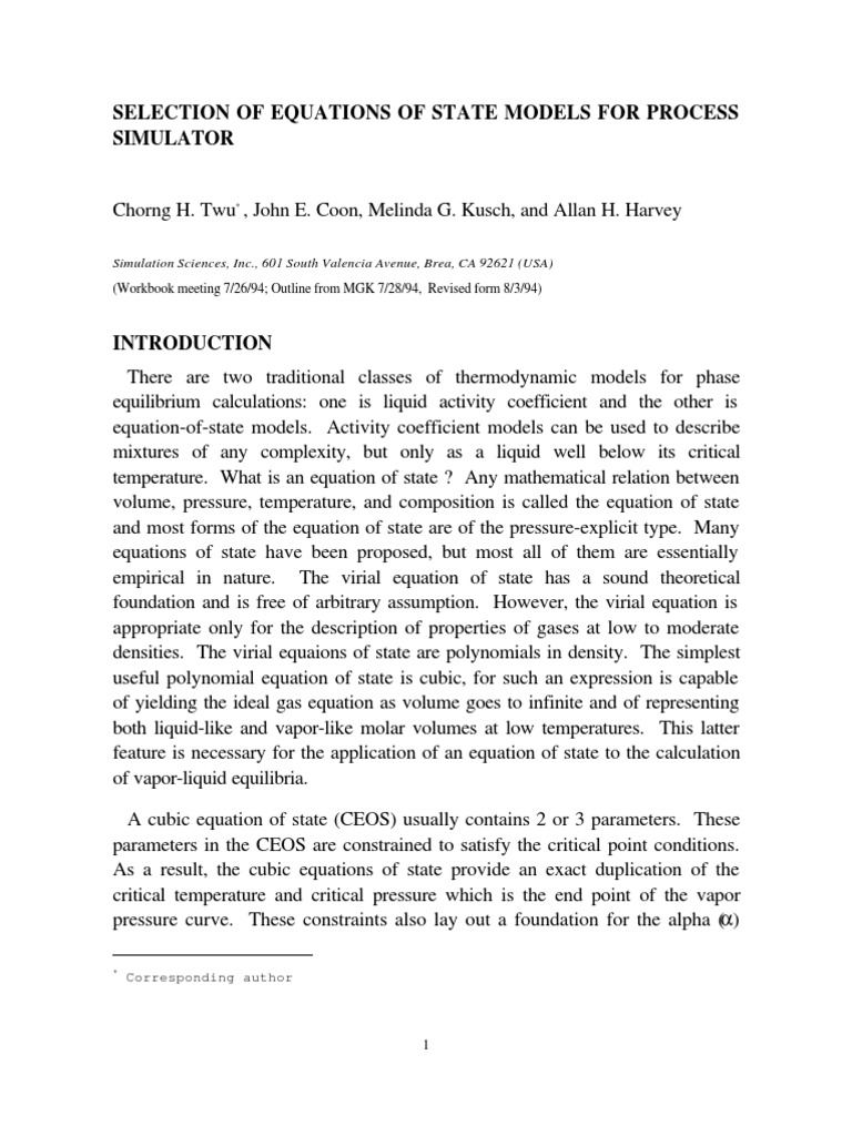 Selection of Equation of State Models For Process Simulators | PDF ...