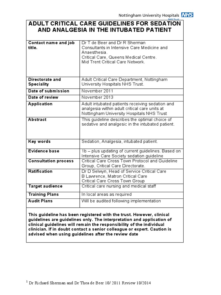 Sedation and Analgesia in The Intubated Patient (Adult Critical Care ...