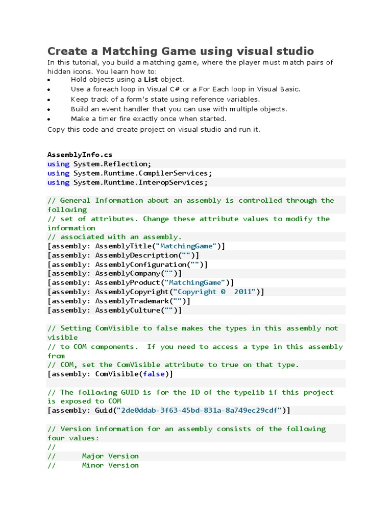 Create A Matching Game Using Visual Studio | PDF | Component Object ...