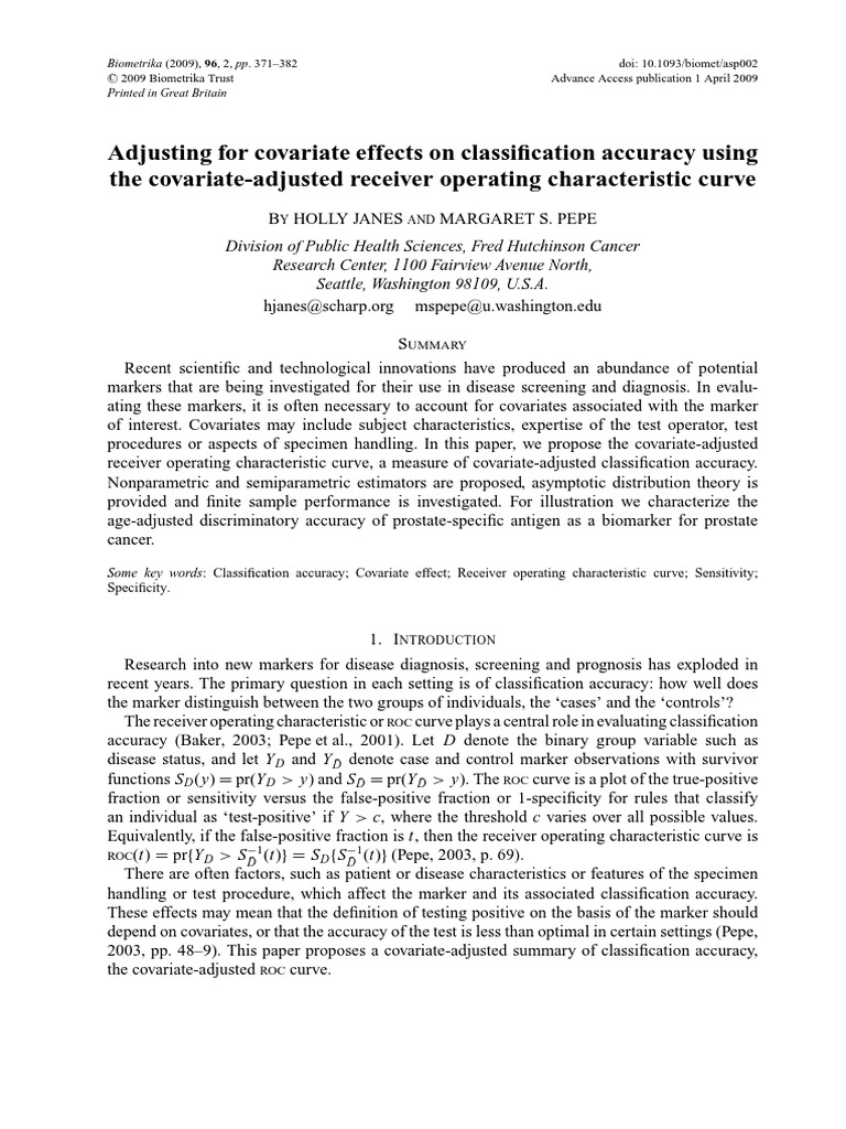 Adjusting for Covariate Effects on Classification Accuracy Using CAROC Curve | PDF ...