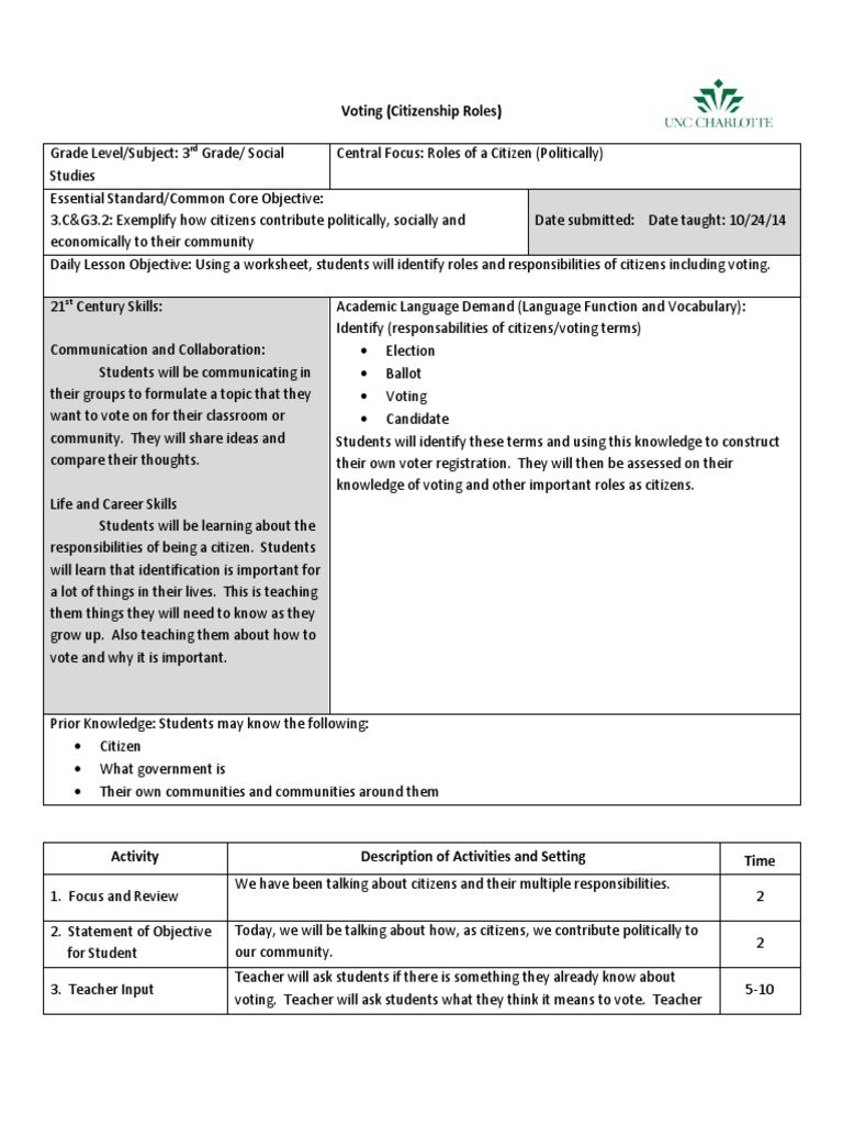 Voting Roles for 3rd Grade Citizens | PDF | Voting | Lesson Plan