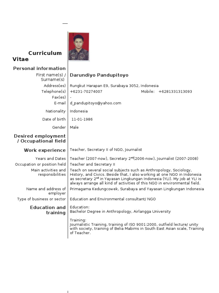 International CV in European Format | PDF | Teachers | Indonesia