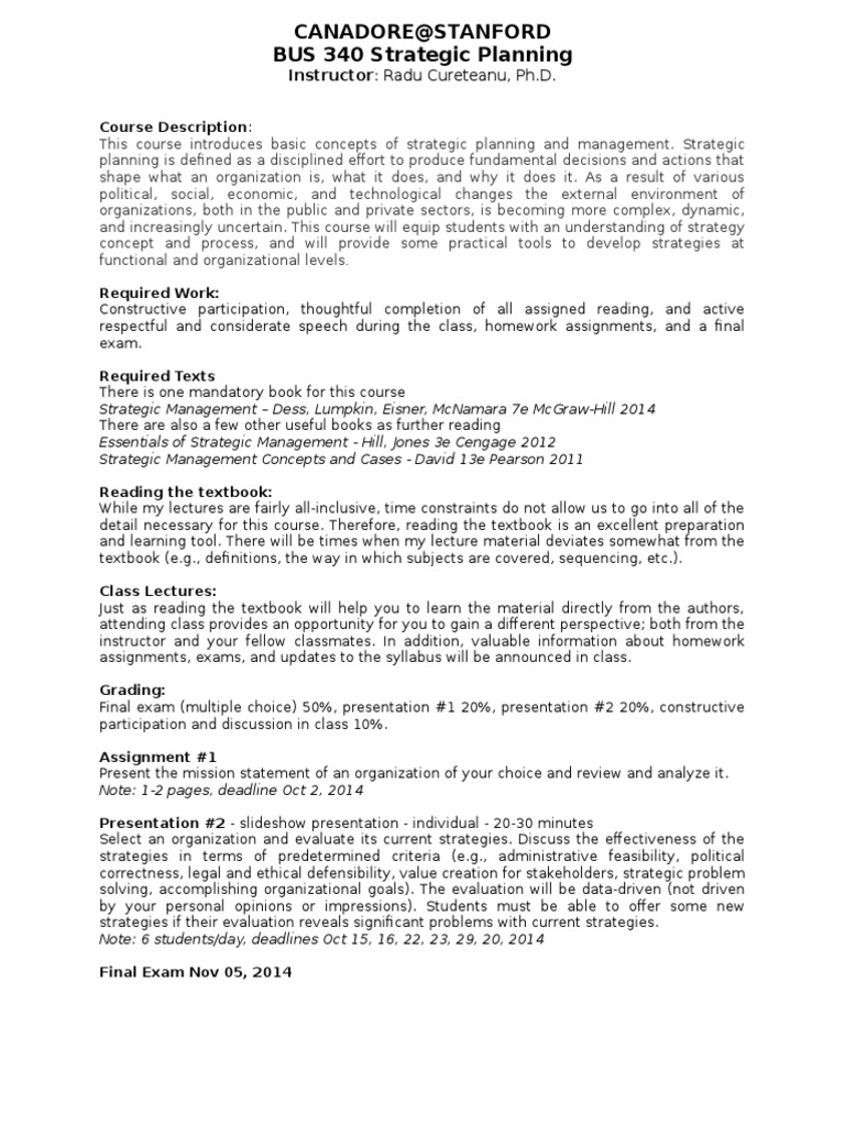 Strategic Planning Course Overview | PDF | Strategic Management | Homework