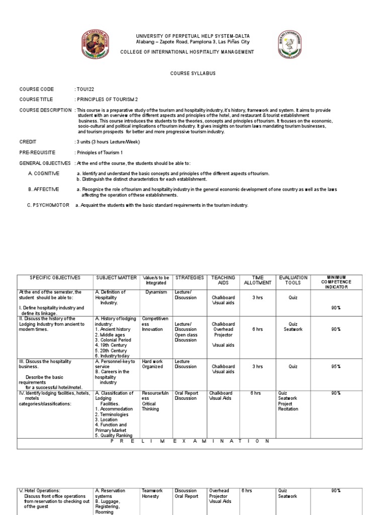Principles of Tourism 2 Course Syllabus: An Overview of the Concepts ...