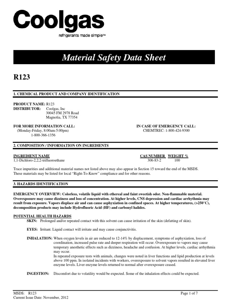 Material Safety Data Sheet for R123 Refrigerant | PDF | Fires ...