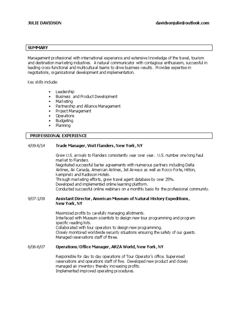 Destination Marketing Manager in New York Resume Julie Davidson | PDF ...