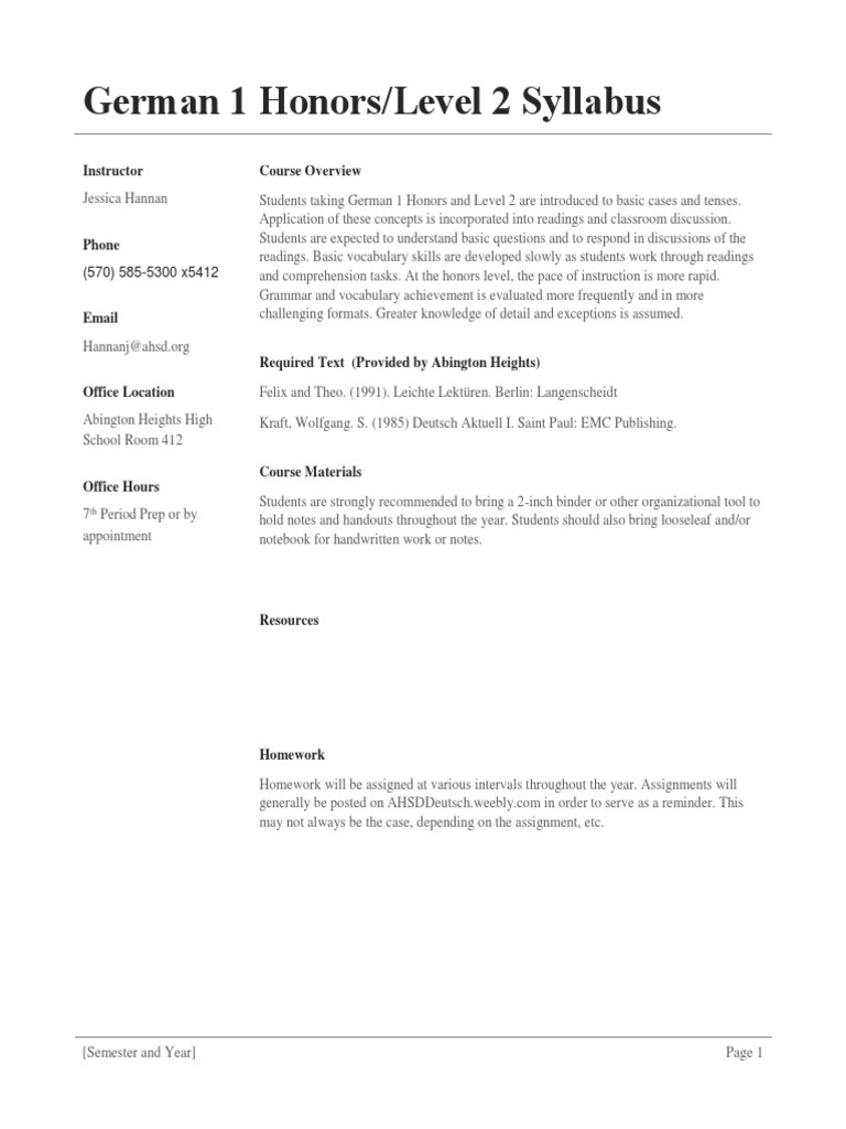 German 1 Honors/Level 2 Syllabus | PDF | Career & Growth | Language ...