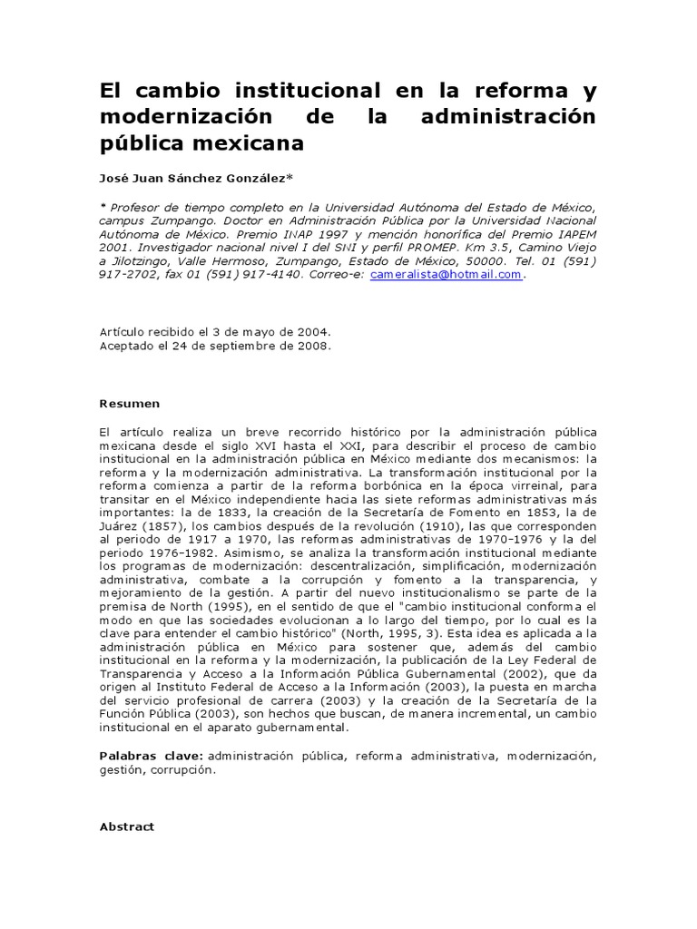 El Cambio Institucional en La Reforma y Modernización de La ...