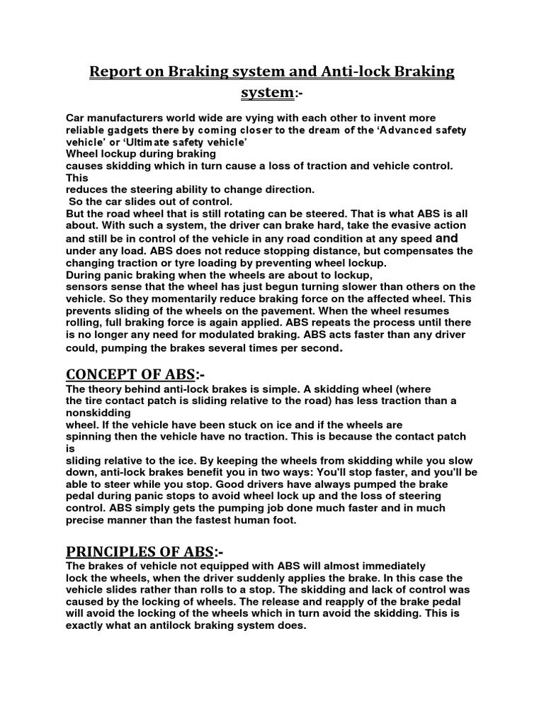 Report On Braking System | PDF | Anti Lock Braking System | Brake