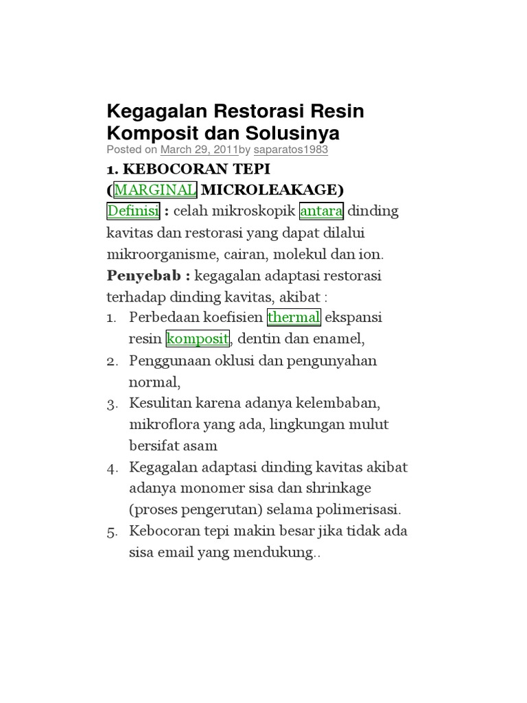 Kegagalan Restorasi Resin Komposit dan Cara Mengatasinya | PDF