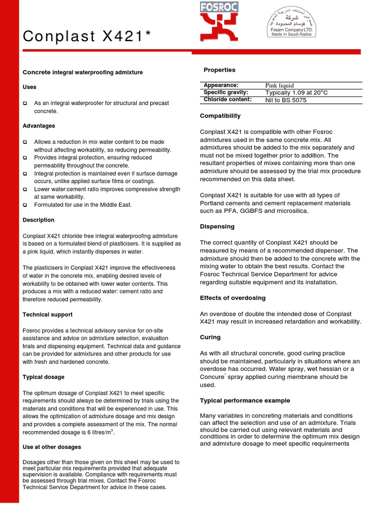 Conplast x421 | PDF | Dose (Biochemistry) | Chemistry