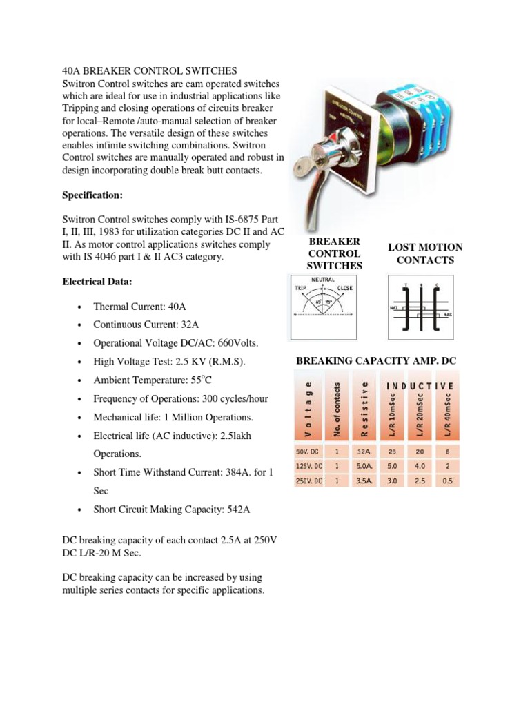 Switron 40A Breaker Control Switches | PDF | Switch | Direct Current