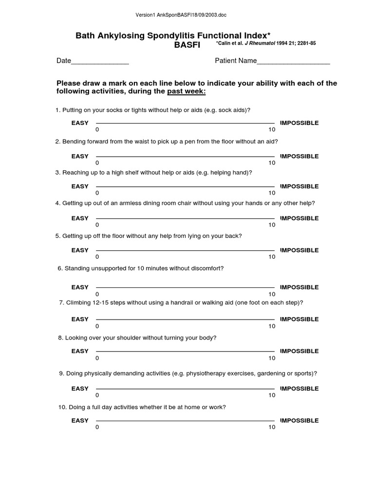 Bath Ankylosing Spondylitis Functional Index Basfi | PDF
