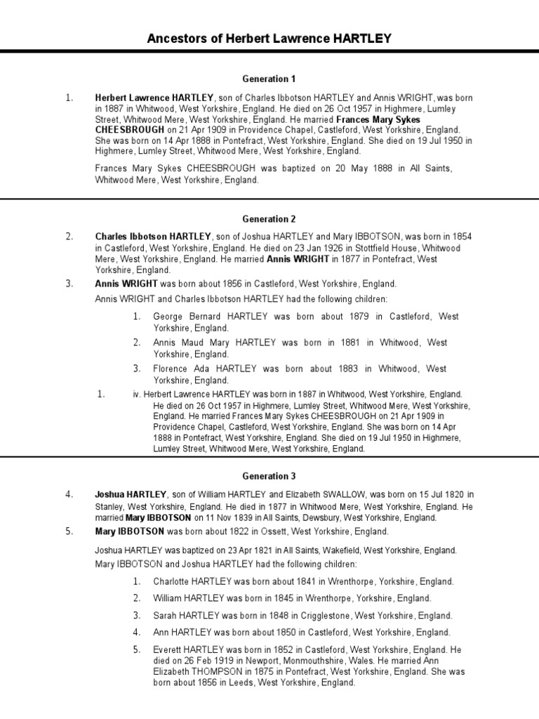 Ancestors of Herbert Lawrence HARTLEY | PDF | Yorkshire | John The Baptist
