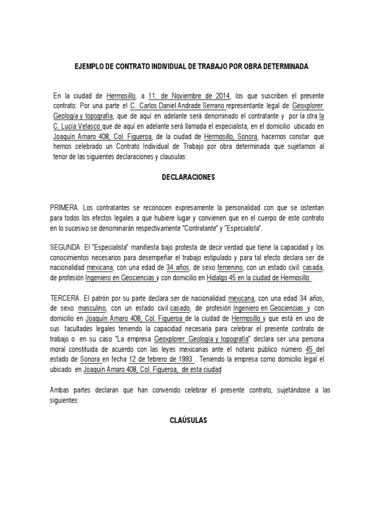 Contrato Individual de Trabajo Por Obra Determinada | PDF | México | Instituciones sociales