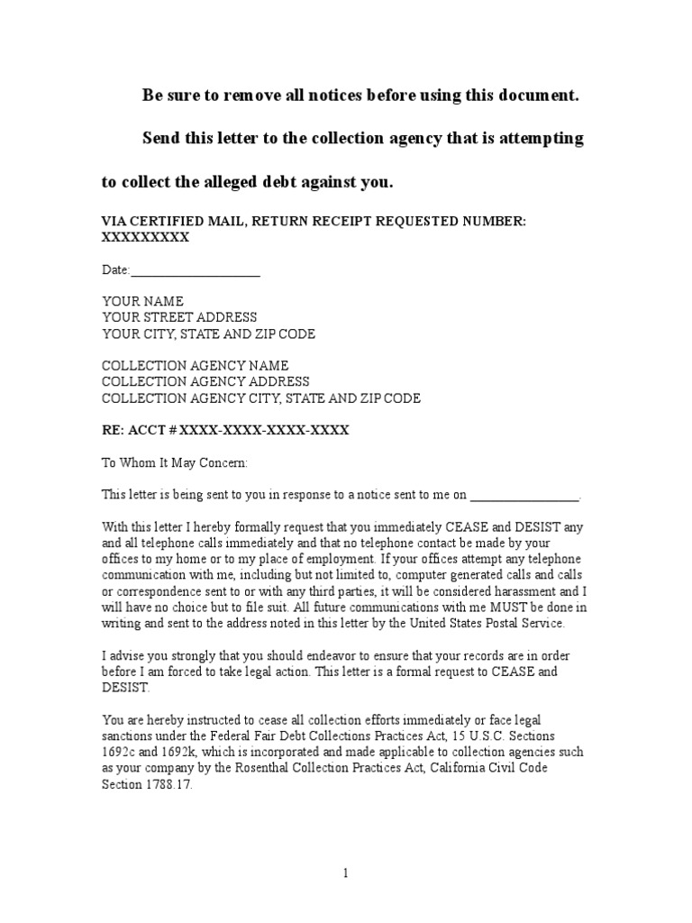 Sample Cease and Desist Letter To Collection Agency | PDF
