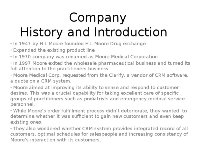 Moore Medical Corp. History and CRM Goals | PDF