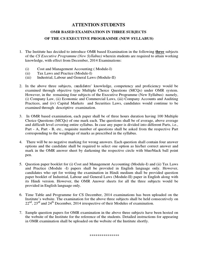 OMR Exam Details for CS Executive Students | PDF | Multiple Choice ...