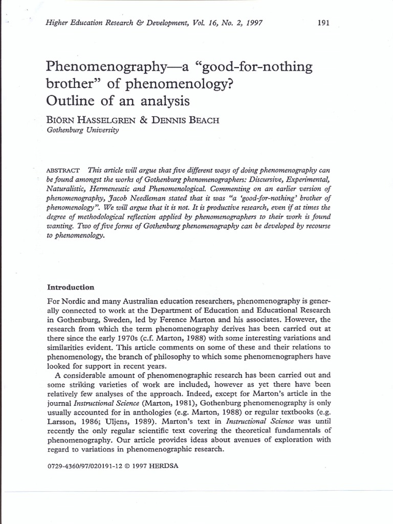 Phenomenography - A "Good - For-Nothing Brother" of Phenomenology ...