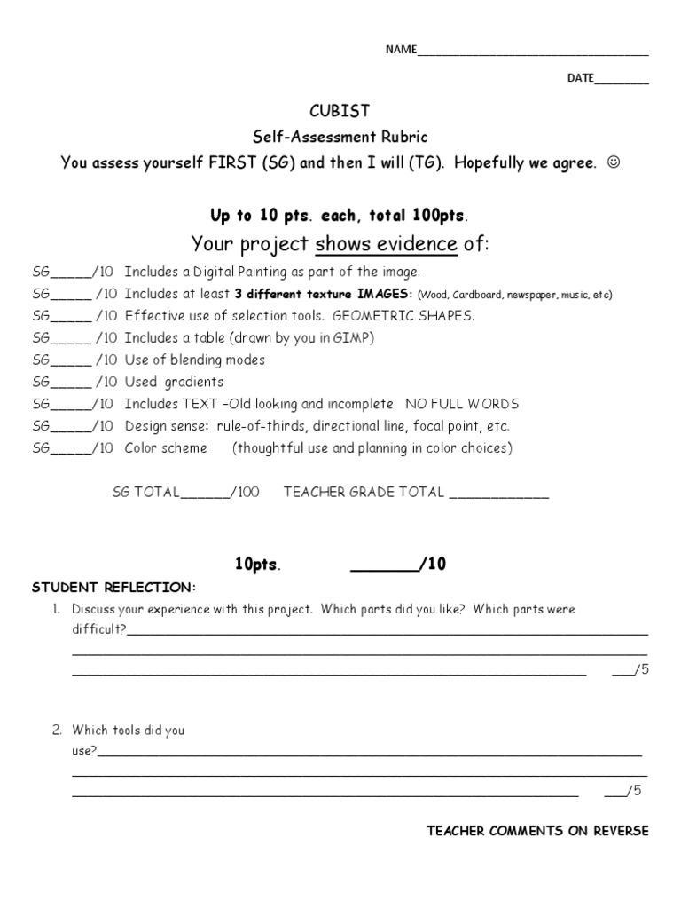 Cubist Project Self-Assessment Rubric | PDF