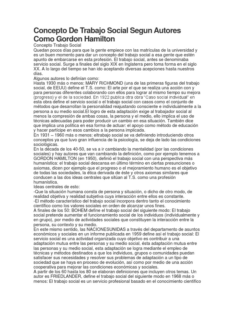 Concepto de Trabajo Social Segun Autores Como Gordon Hamilton
