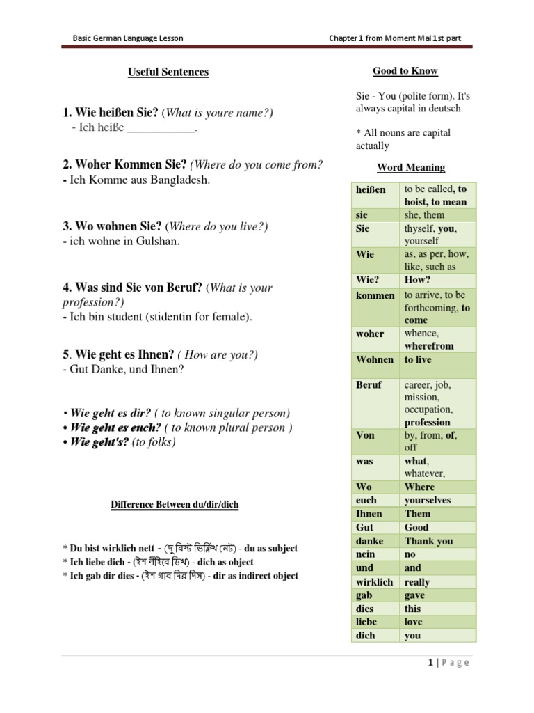 Basic German Language Lesson Chapter 1 From Moment Mal 1st Part ...