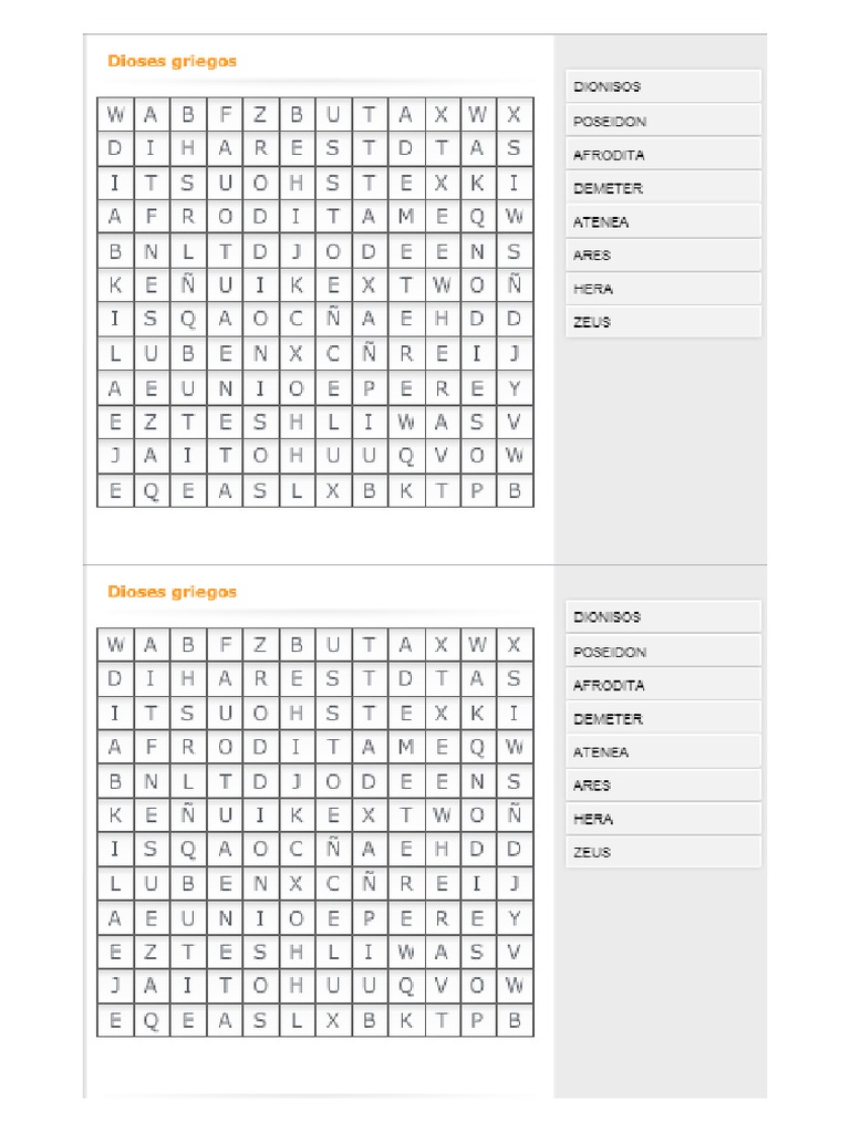Sopa de Letras - Dioses | PDF