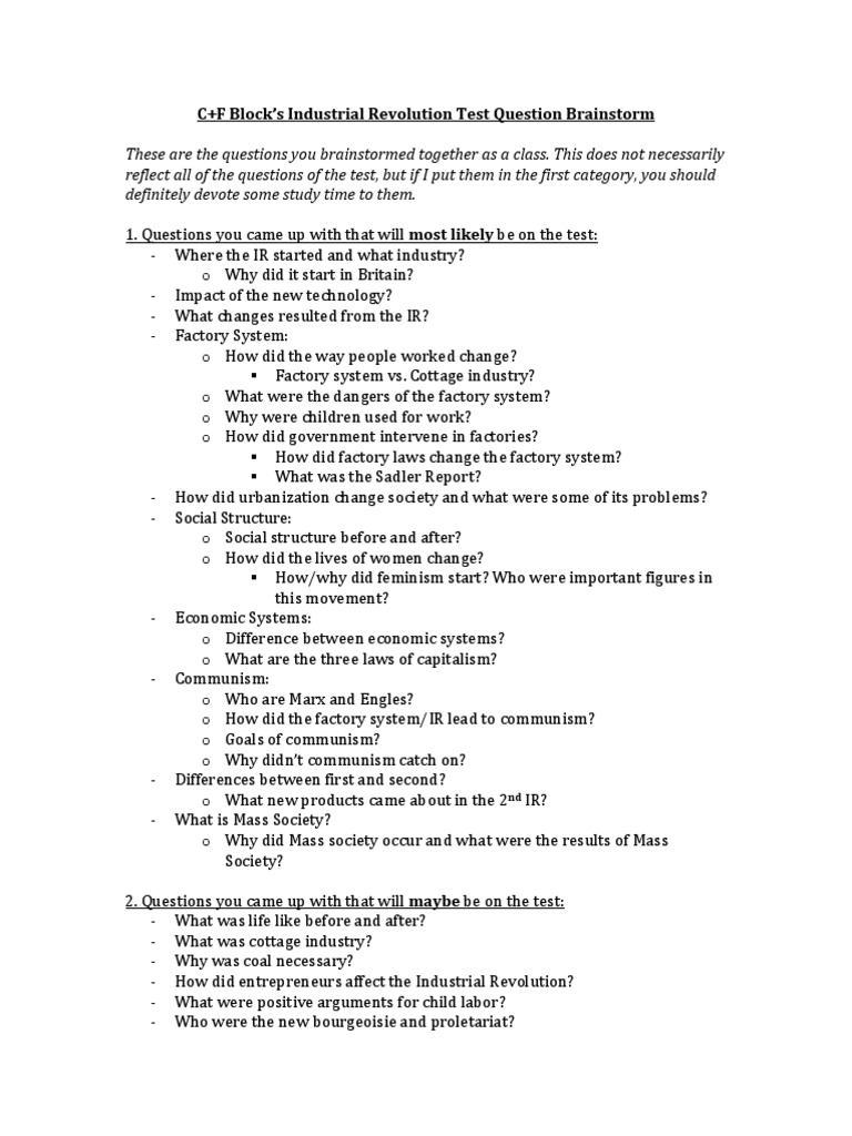 Industrial Revolution Test Question Guide | PDF | Finance & Money ...