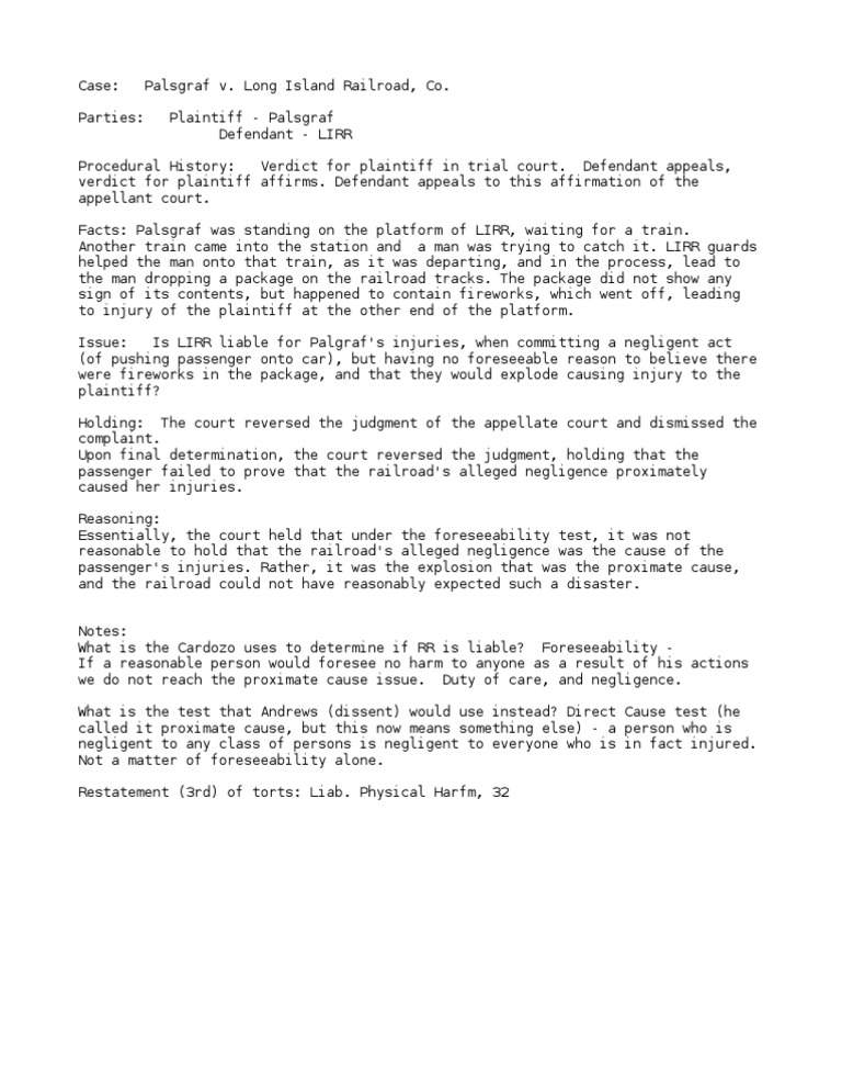 Palsgraf v. Long Island Railroad, Co. | PDF | Negligence | Legal Disputes