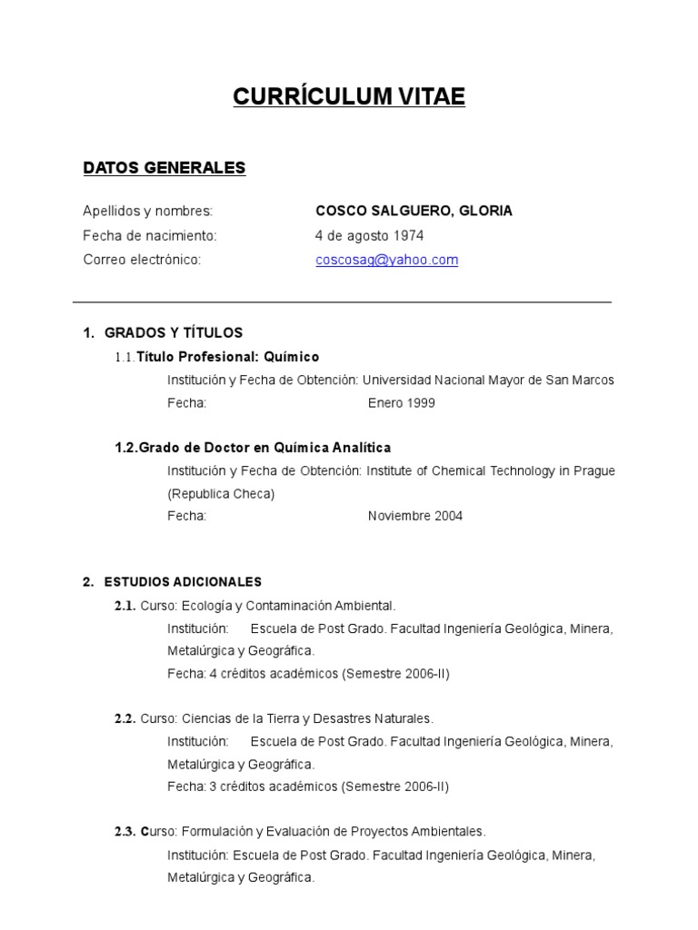 CV Gloria Cosco 2007 INTERNET | PDF | Química | Science